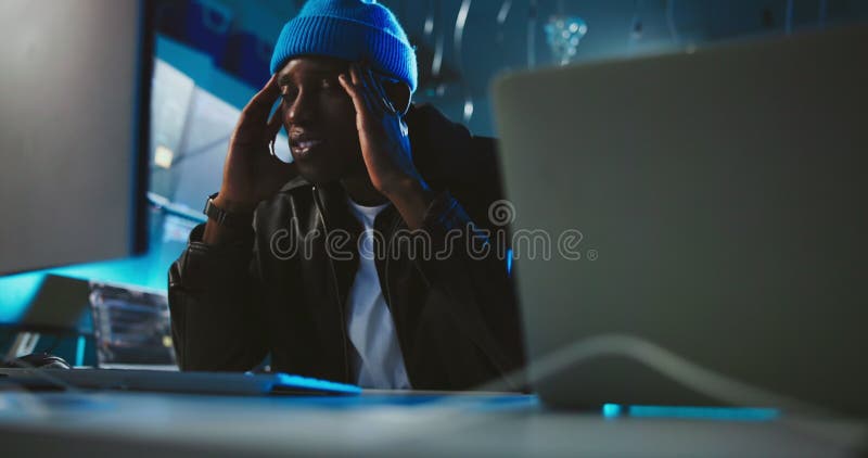 Stress, Hacker and Black Man with Mistake, Computer and Risk for Crisis ...