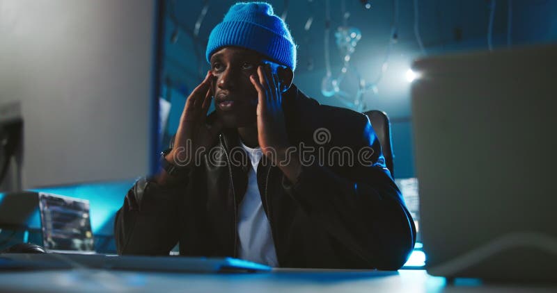 Stress, Hacking and Black Man with Mistake, Computer and Risk for ...