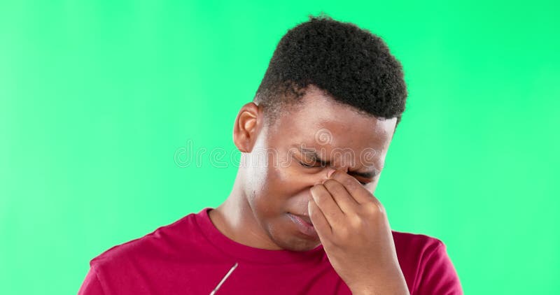 Stress, Headache and Black Man in Green Screen Studio with Blurred ...