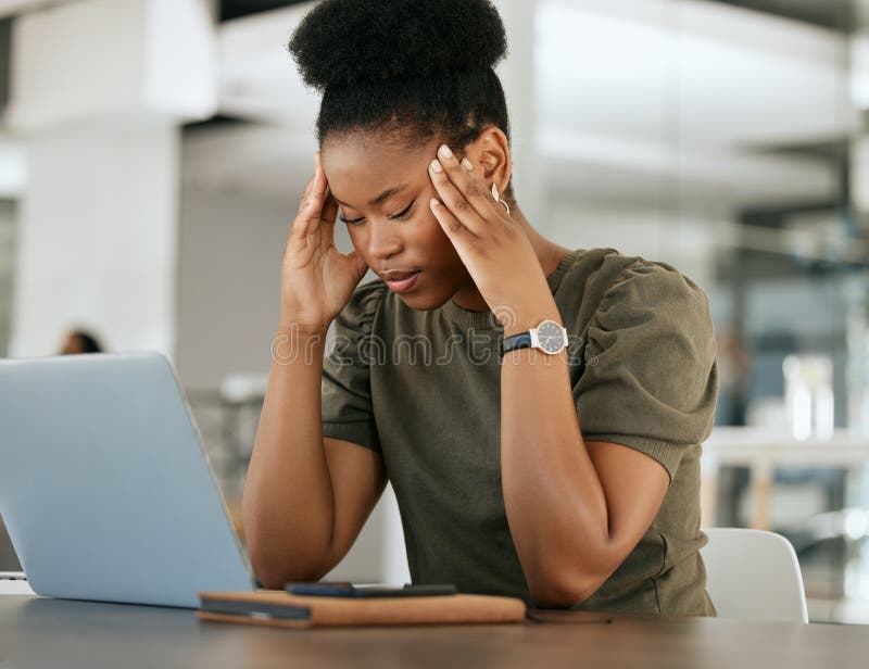 Stress Headache And Black Woman With Laptop In Office Tired Exhausted