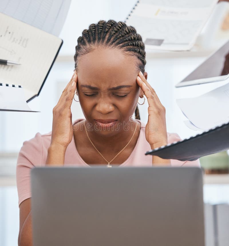Stress Headache Burnout And Black Woman Overwhelmed With Workload At
