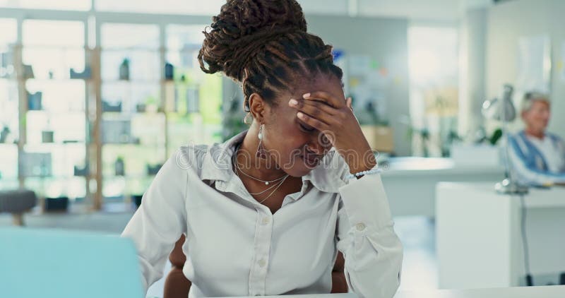 Headache Laptop And Business With Black Man In Office For Stress