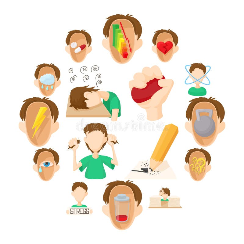Stress Icons Set, Cartoon Style Stock Vector - Illustration of medical ...