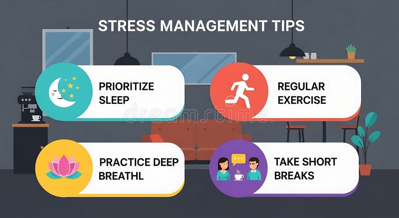 Stress Management Tips - Prioritize Sleep, Exercise, Breathing, and Breaks Stock Illustration ...