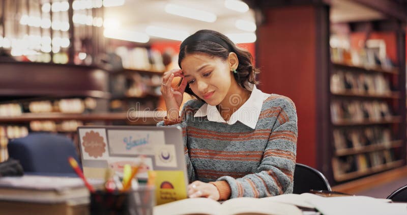 Stress, Woman and Student on Laptop in Library with Difficult Test ...