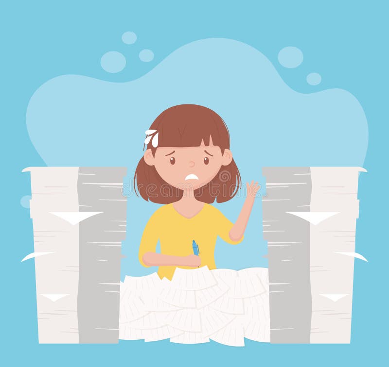 Stress at Work, Female Worker with Overload Paperwork Stock Vector ...