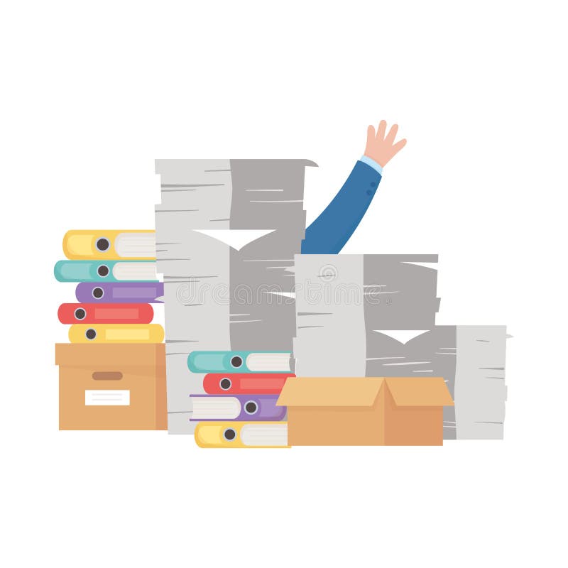 Stress at Work, Hand Pile of Papers and Many Binders and Boxes Stock ...