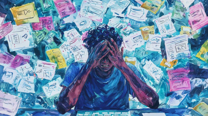 Stressed African American Man Overwhelmed by Paperwork while Working on ...