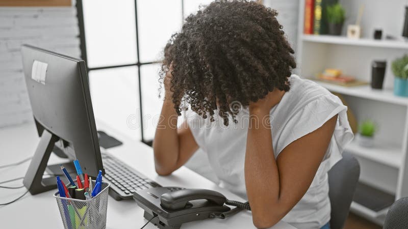 Stressed African American Woman in Office with Computer Stock Photo ...