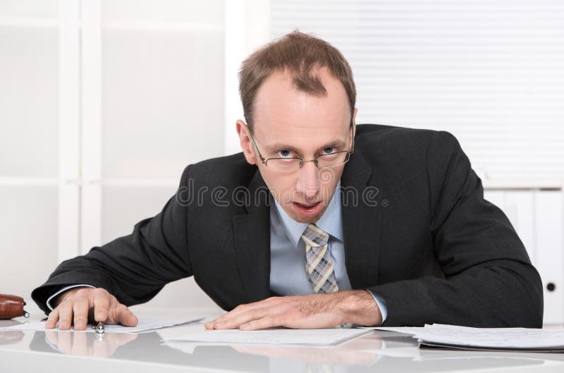 Stressed and Angry Businessman at Desk. Stock Photo - Image of banker ...