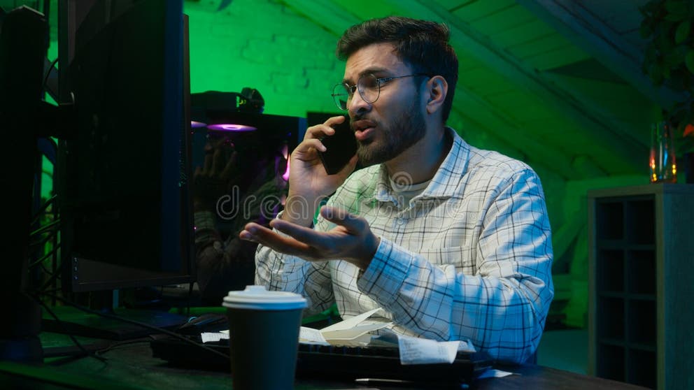 Stressed Arabian Indian Man Male Guy Looking Code Coder Programmer Technology Talk Mobile Phone ...