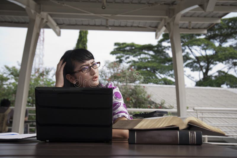 Stressed Asian Female Student Stock Photo - Image of glasses, geometry ...