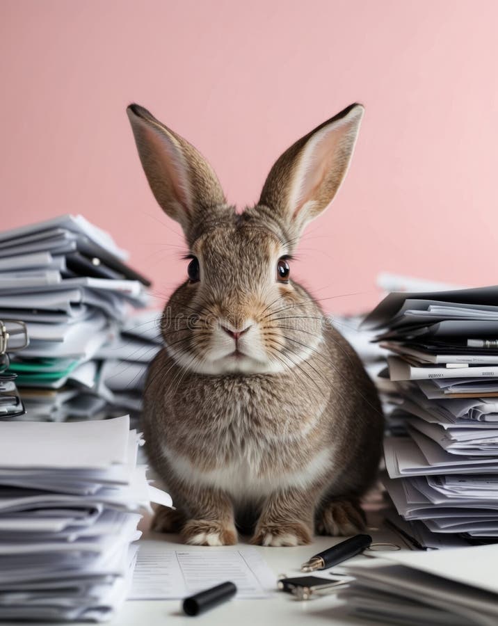 Stressed Business Rabbit Overwhelmed with Paperwork in Office on Pastel ...