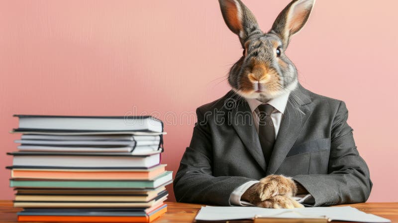 Stressed Business Rabbit Overwhelmed with Paperwork in Office on Pastel ...
