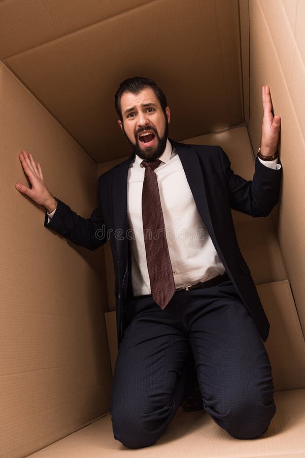 Stressed Businessman in Box Stock Photo - Image of negative, people ...