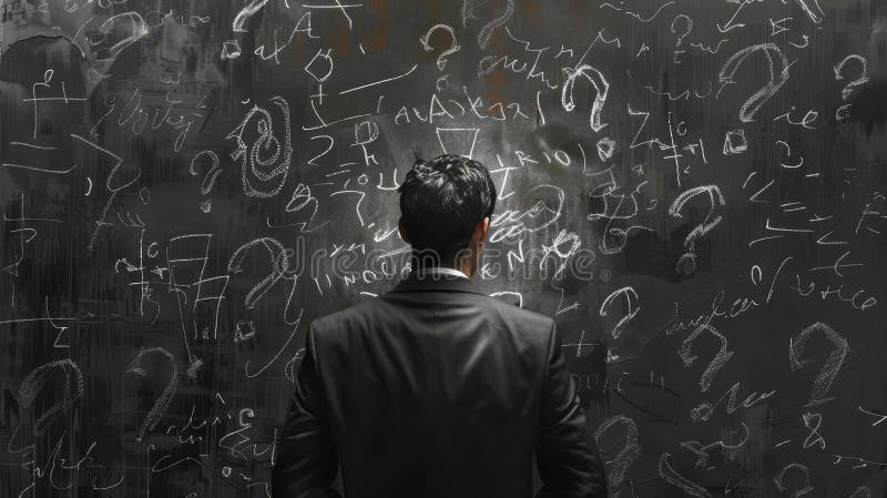 Stressed Businessman Facing Question Mark Covered Blackboard ...