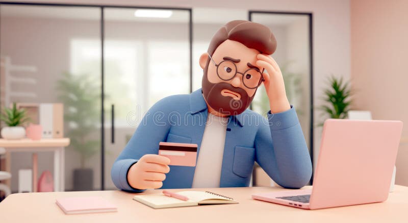 Stressed Cartoon Man with Credit Card Debt Problem at Office Desk ...