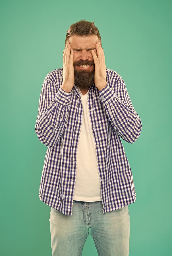 Stressed Caucasian Guy with Beard and Mustache Suffer from Headache on ...