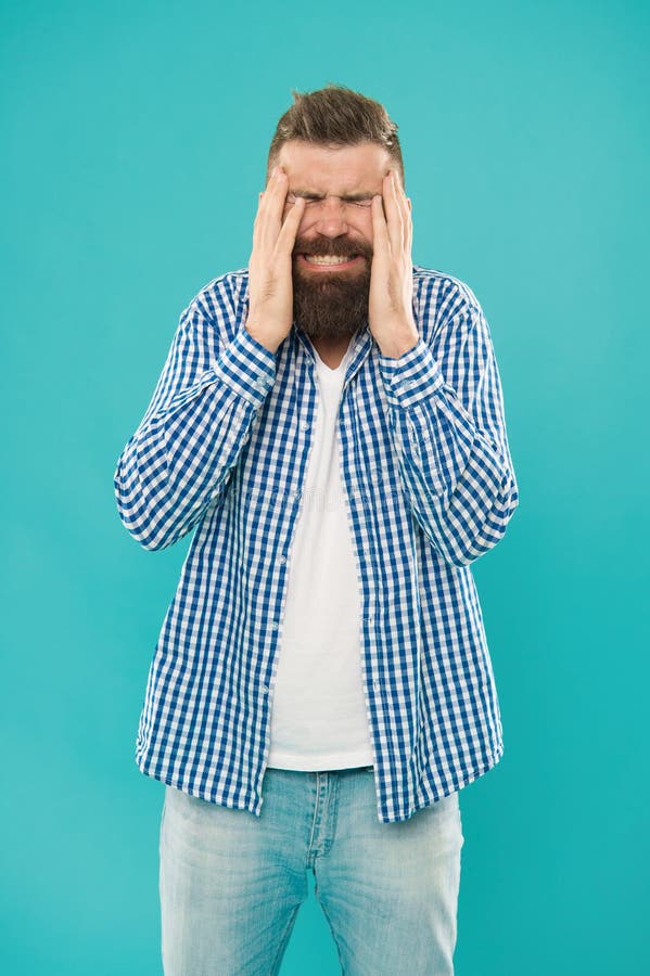 Stressed Caucasian Guy with Beard and Mustache Suffer from Headache on ...