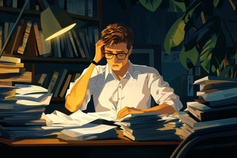 Stressed Clerk Working Overtime at Night in Office with Stacks of ...