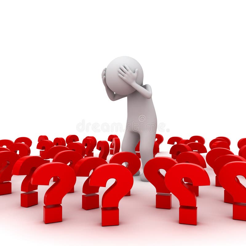 Stressed 3d Man Standing Amongst Red Question Marks Stock Illustration ...