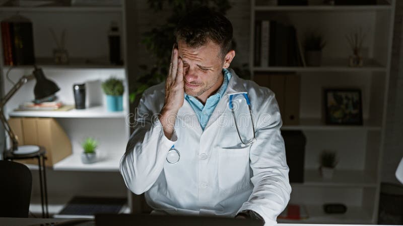 A Stressed Doctor in a Clinic Holding His Head in Frustration at His ...