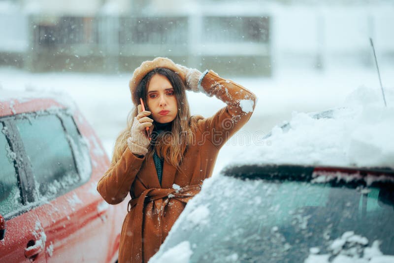 Woman Calling Car Service after a Snow Blizzard. Stock Image - Image of ...