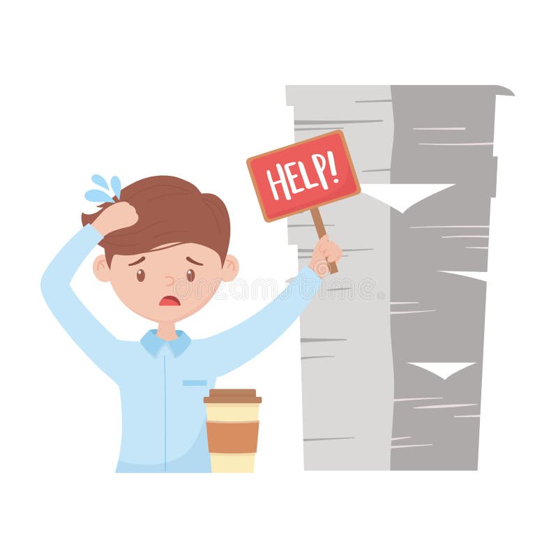 Stressed Employee with Help Paper and Coffee Cup Isolated Design Stock ...