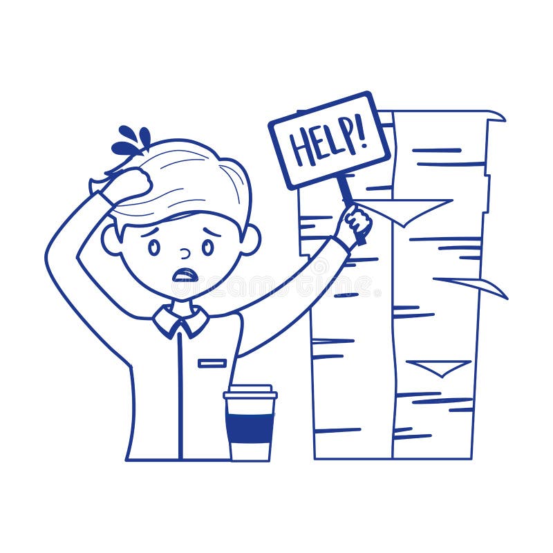 Stressed Employee with Help Paper and Coffee Cup Isolated Design Stock ...