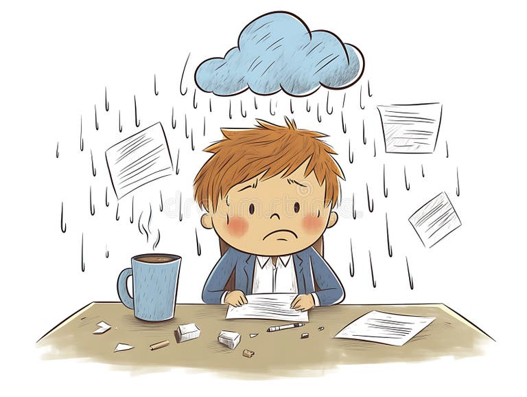 Stressed Employee with Rain Cloud and Broken Mug in Flat Illustration Stock Illustration ...