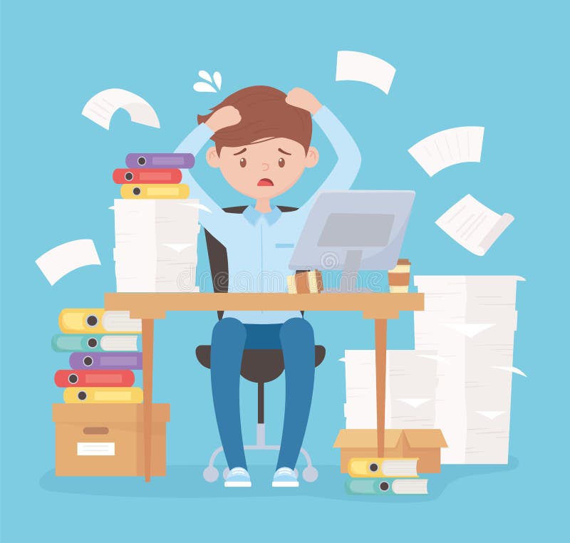Stressed Employee Working at Desk with Boxes of Documents and Laptop ... Stressed Employee Working at Desk with Boxes of Documents and Laptop ...