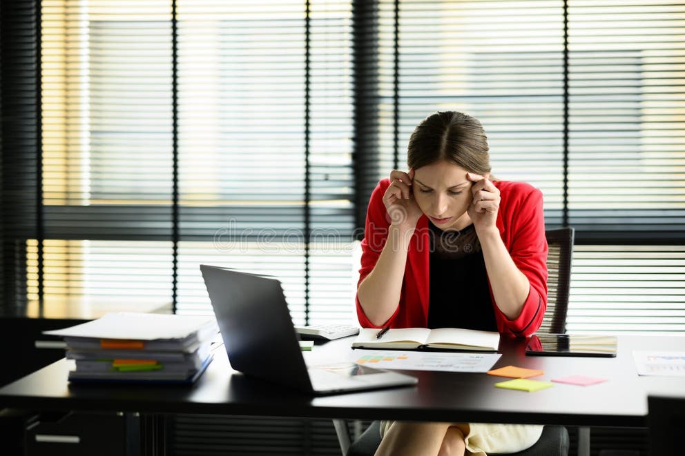 Stressed Female Manager Holding Her Head, Tired from Work, Having ...