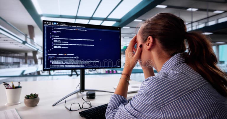 Stressed Female Programmer Fixes Broken Computer System Stock Image - Image of frustrated ...