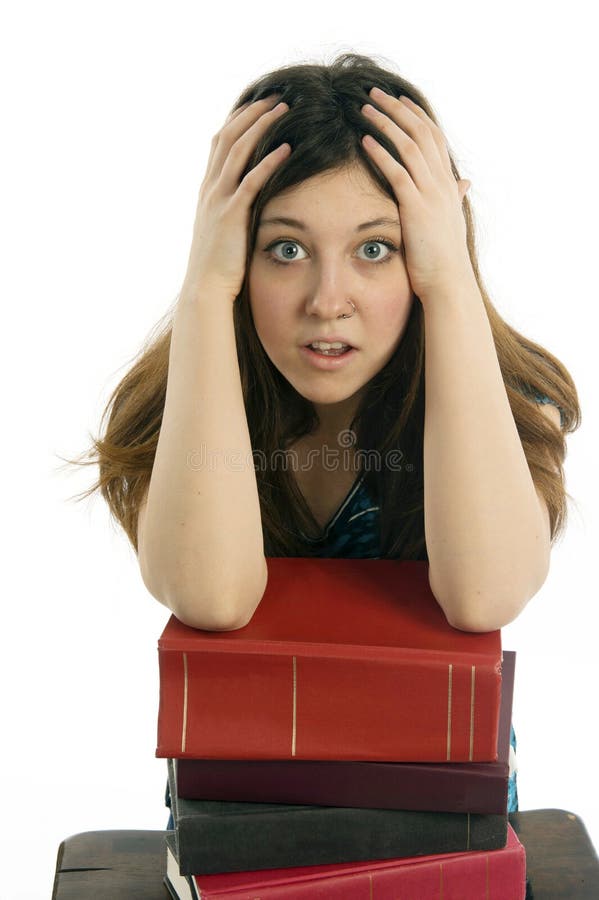 Stressed Female Student Arms on Head with Stack O Stock Photo - Image ...