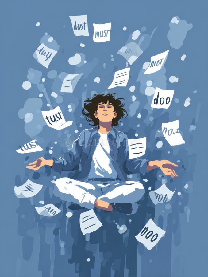 Stressed Figure Meditating Amidst Floating Notes Conveying Overwhelming ...