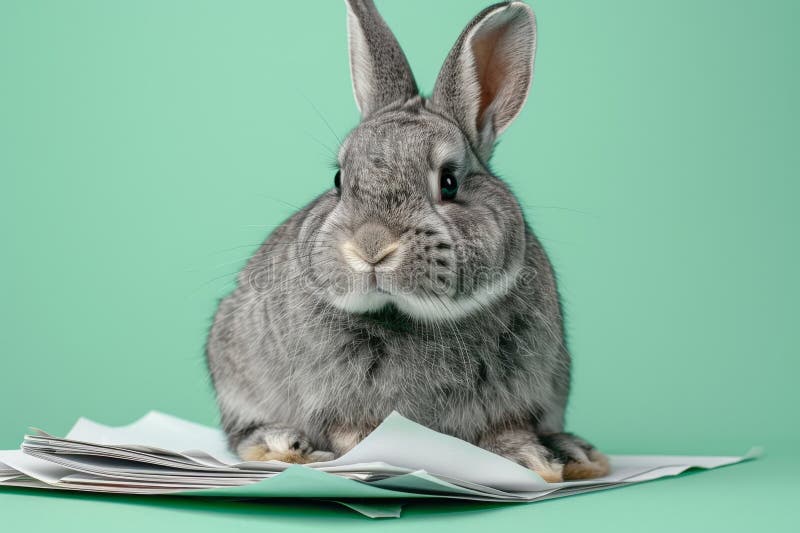 Stressed Gray Rabbit Overwhelmed with a Pile of Paperwork on a Vibrant ...