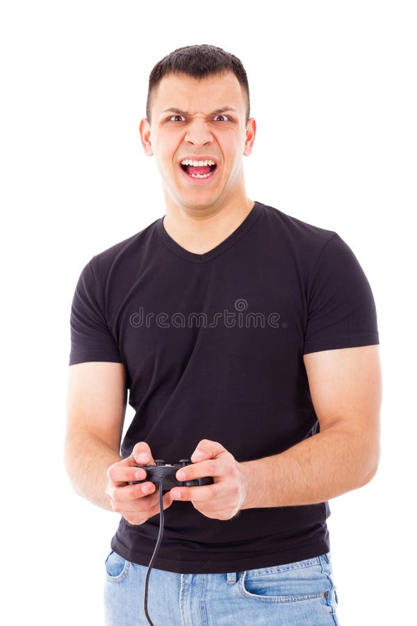 Focused Man Playing Video Game Holding Joystick and Eating Popcorn ...