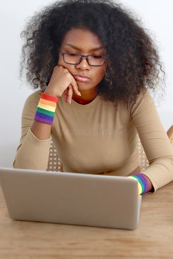 Stressed Homosexual Lesbian Rainbow Flag Wristband Using Laptop Computer To Search Pride 7880