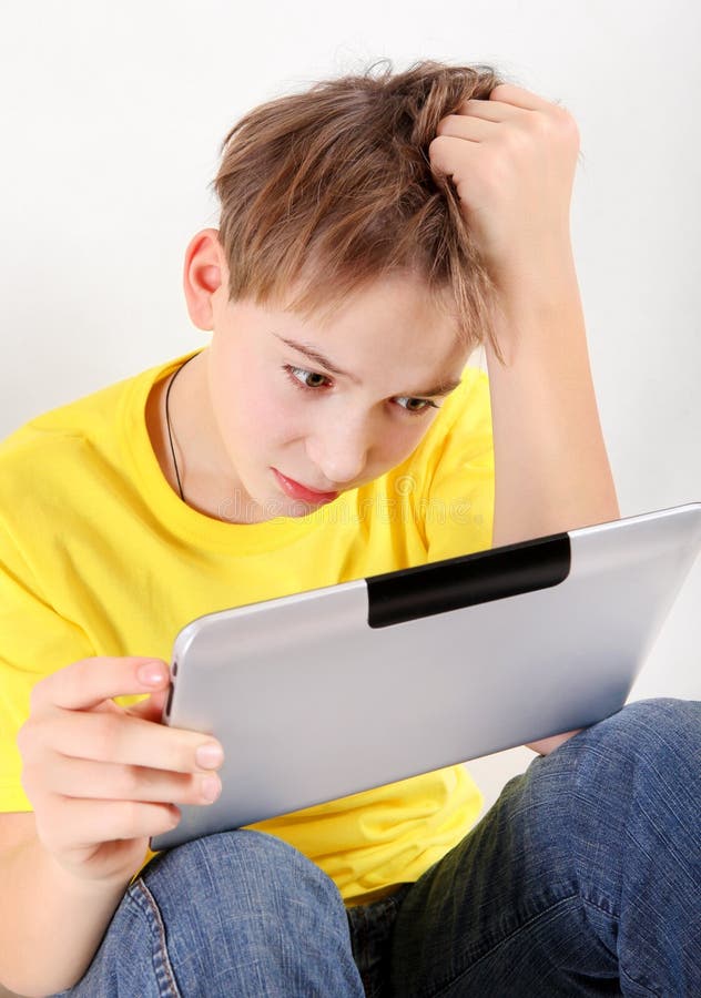 Stressed Kid with Tablet Computer Stock Image - Image of depression ...