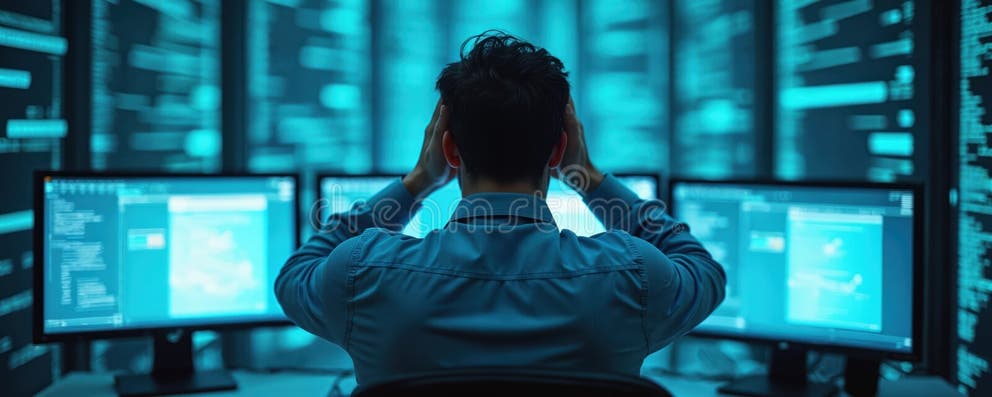 Stressed Male Programmer at Data Center Surrounded Digital Data Screens ...