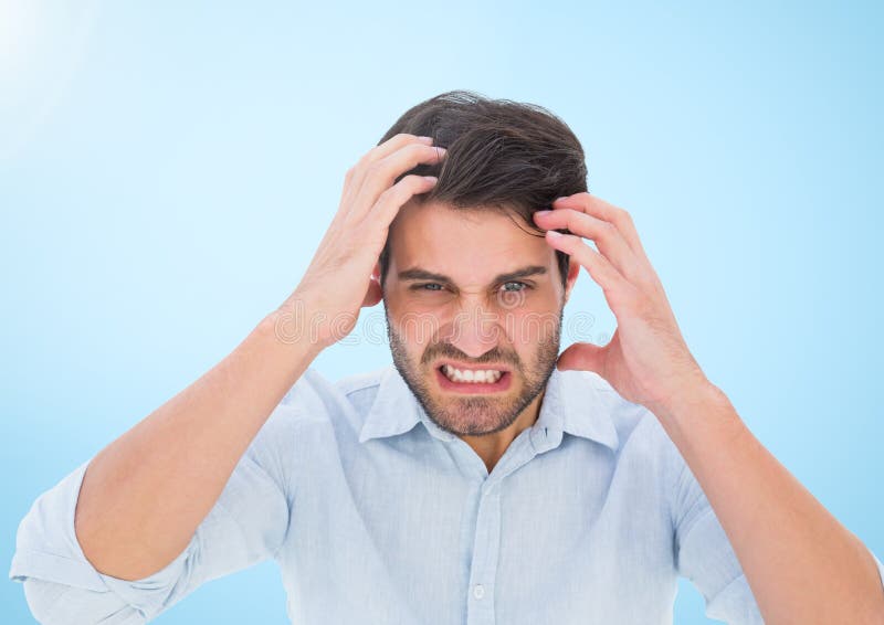 Stressed Man Against Blue Background Stock Image - Image of hair, fury ...