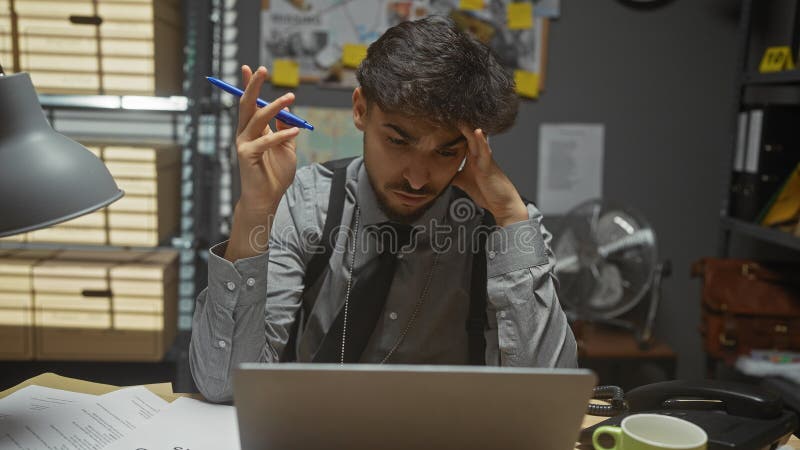 A Stressed Man with a Beard Examines Documents in a Cluttered Detective ...