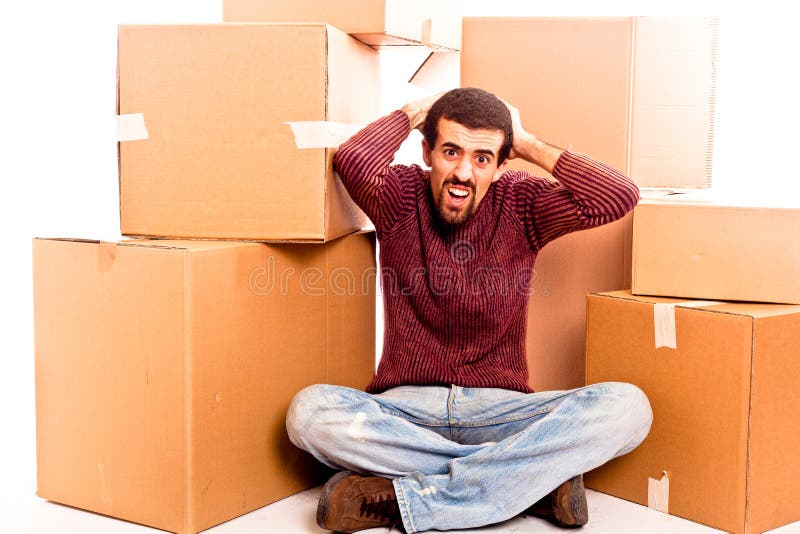 Stressed Business Woman Hiding in a Box Overwhelmed by Many Telephone ...