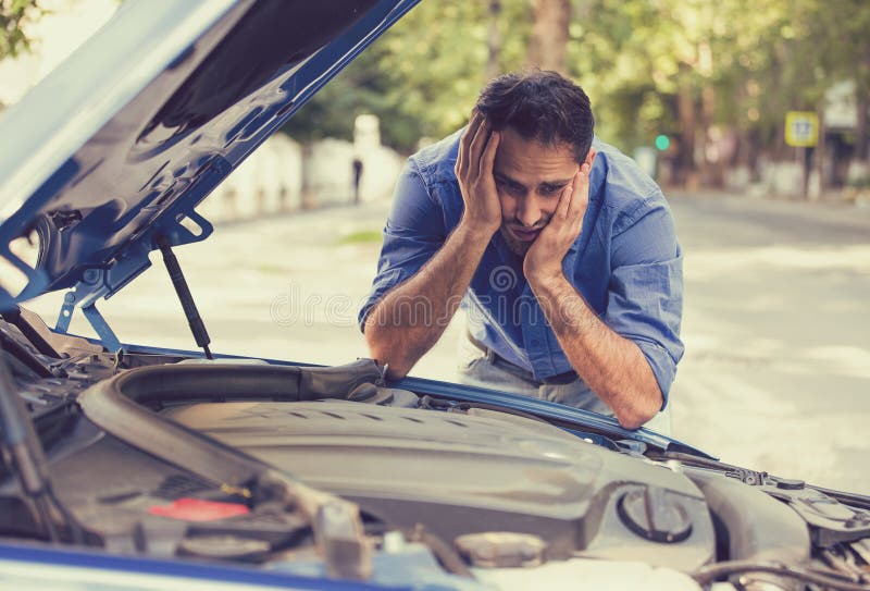 Stressed Man with Broken Car Looking at Failed Engine Stock Image ...