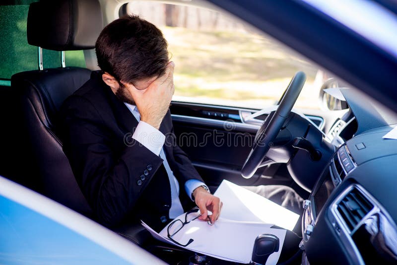 Stressed man in a car stock image. Image of adult, travel - 94953427