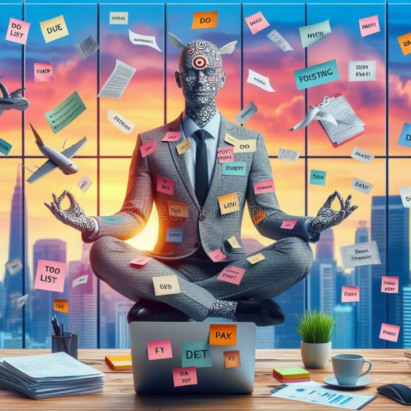 A Stressed Man Covered of Post it Notes in Lotus Yoga Position Relaxing ...