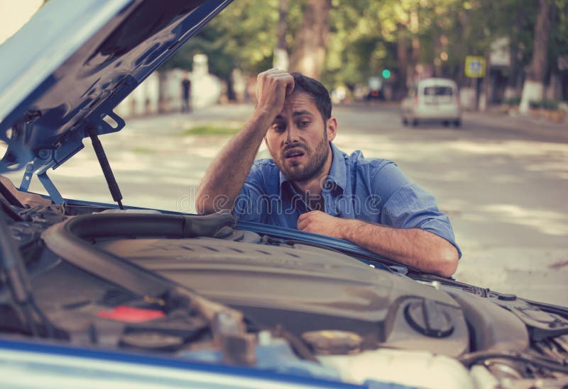 Stressed Man Having Trouble with Broken Car Looking in Frustration at ...