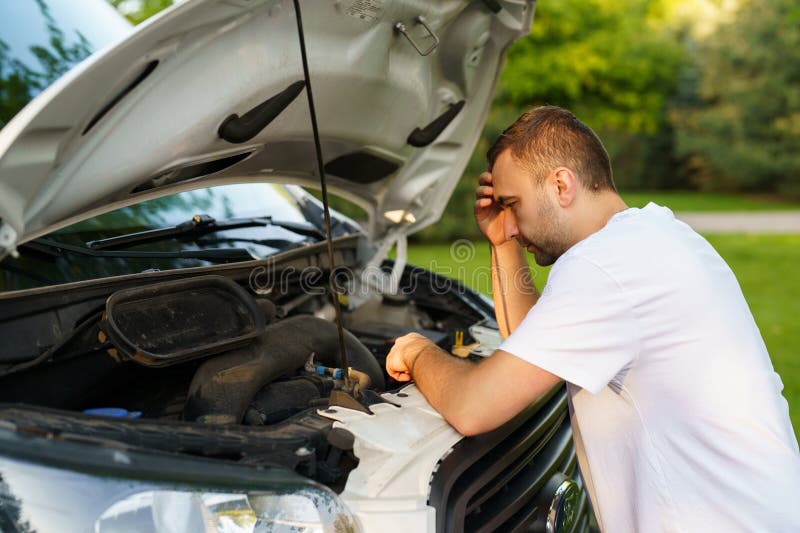 Stressed Man Having Trouble with His Broken Car Looking in Frustration ...