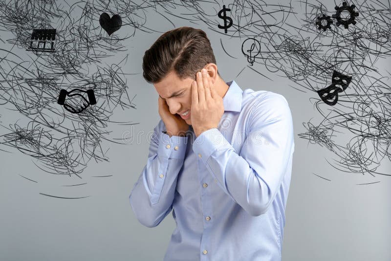 Stressed Man with Mess in His Head on Background Stock Image - Image of ...