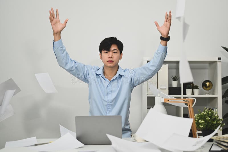 Stressed Man Office Worker Sitting at Desk and Throwing Paperwork in ...